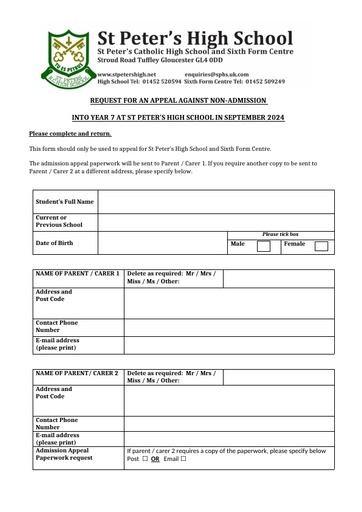 Admission - St Peter's RC High School & Sixth Form Centre